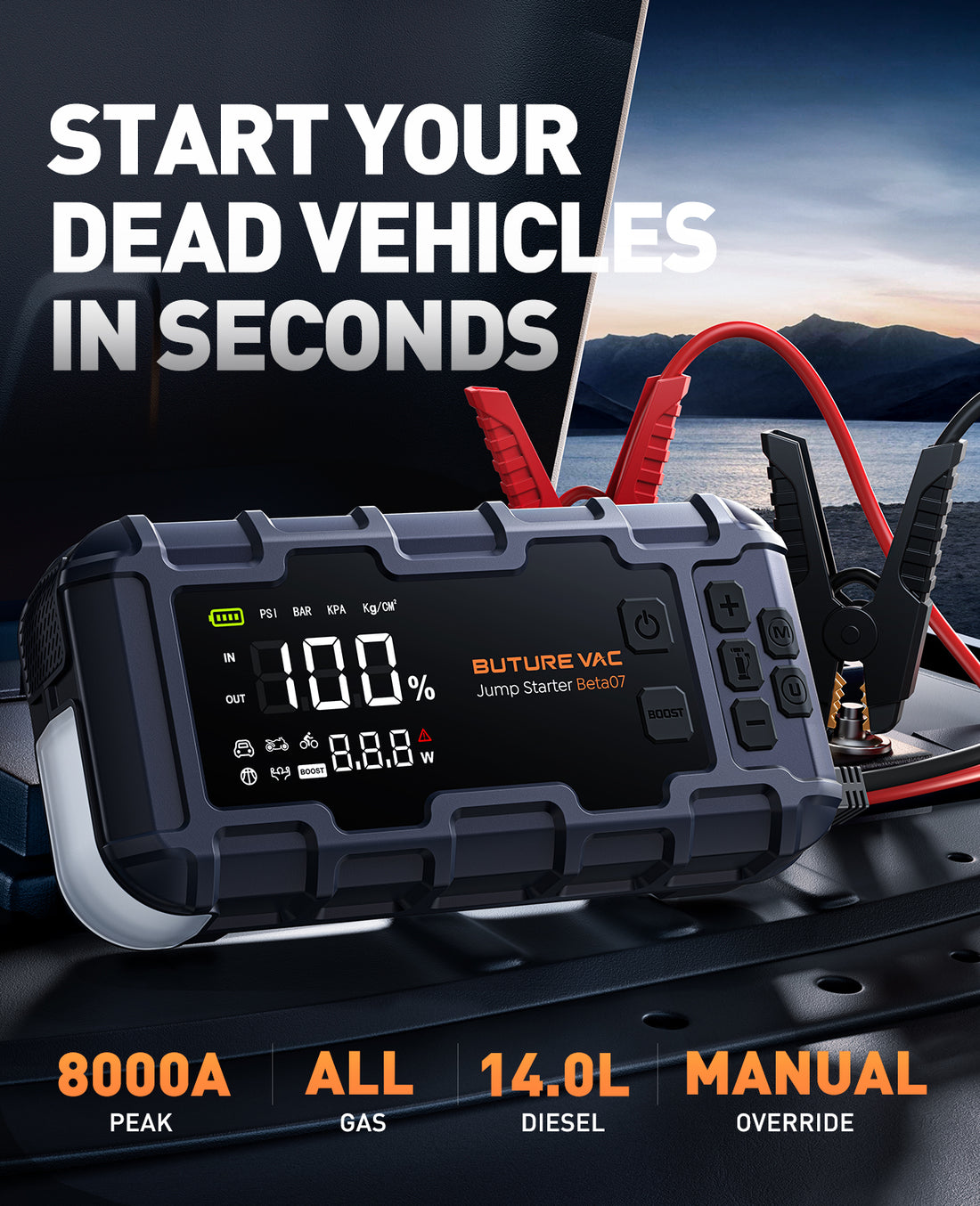 Portable 10-in-1 Car Battery Jump Starter with Air Compressor 8000A 16 ...